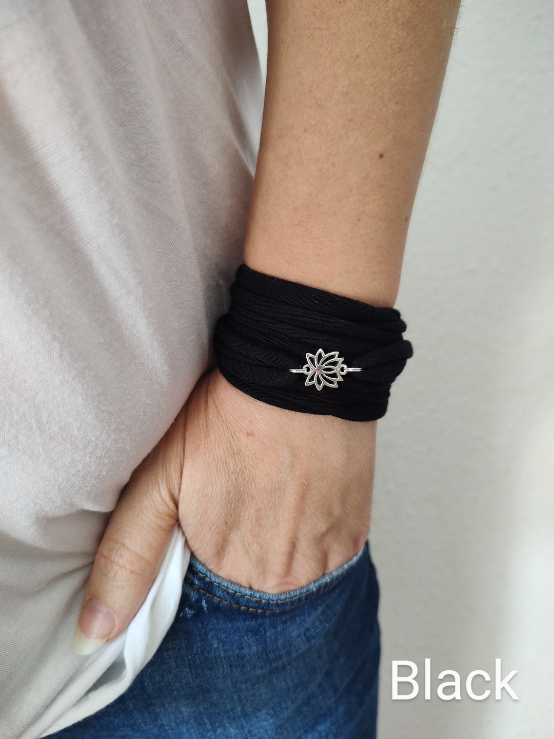Lotus Flower Black Wrist Cuff Bracelet, Wrap Bracelet Cuff Black ...