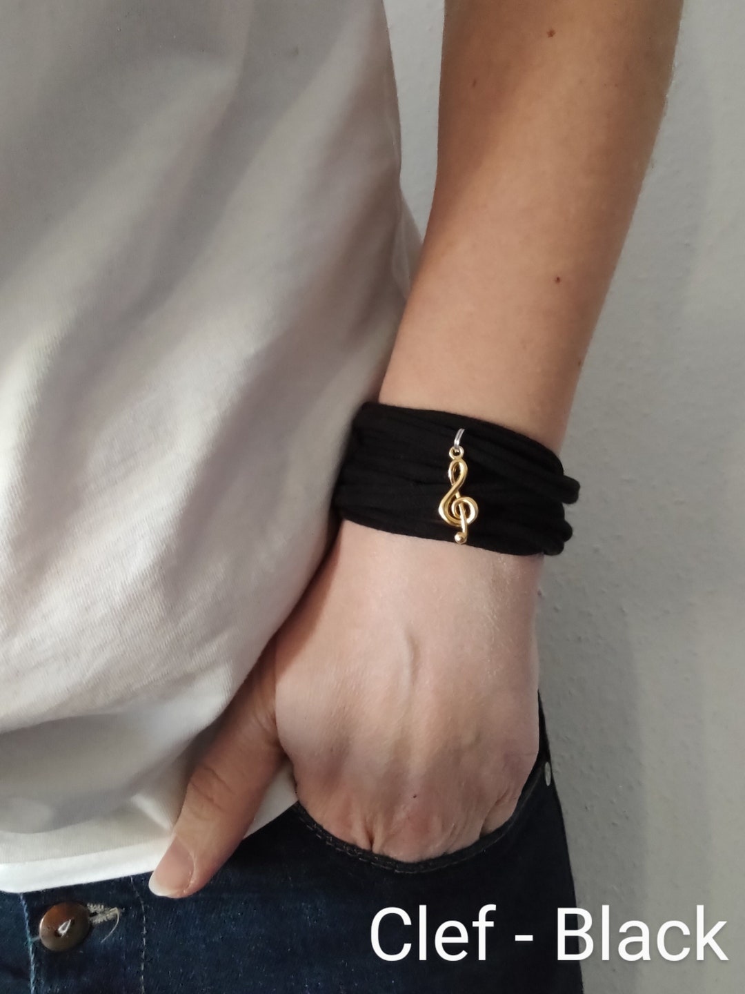 Golden Clef Black Wrist Wrap Cuff Bracelet Music Key Musical Cuff ...