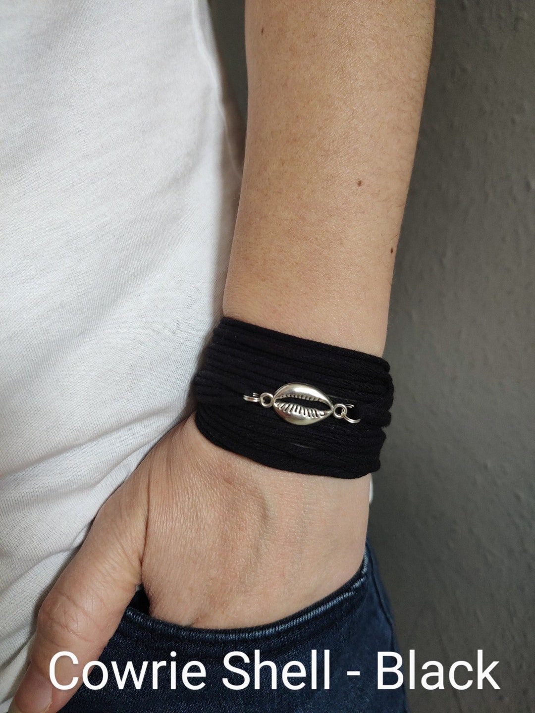 Cowrie Shell Black Wrist Cuff Bracelet, Wrap Bracelet Custom Cuff Black ...
