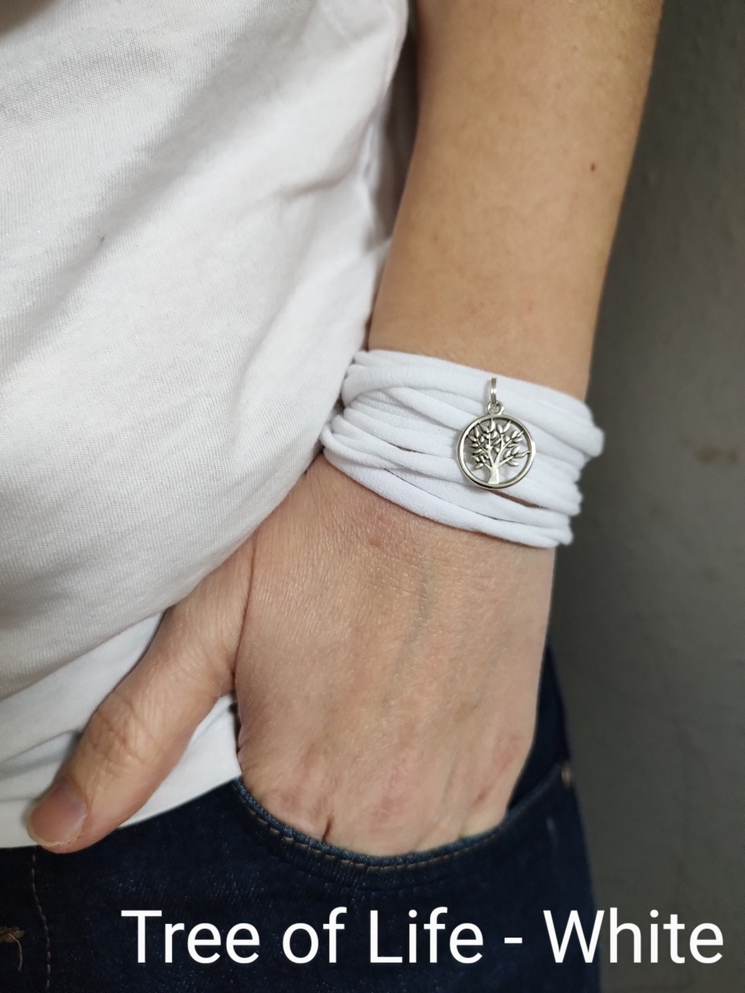 Tree of Life Wrist Cuff Bracelet, White Wrist Wrap Cuff Bracelet Cotton ...