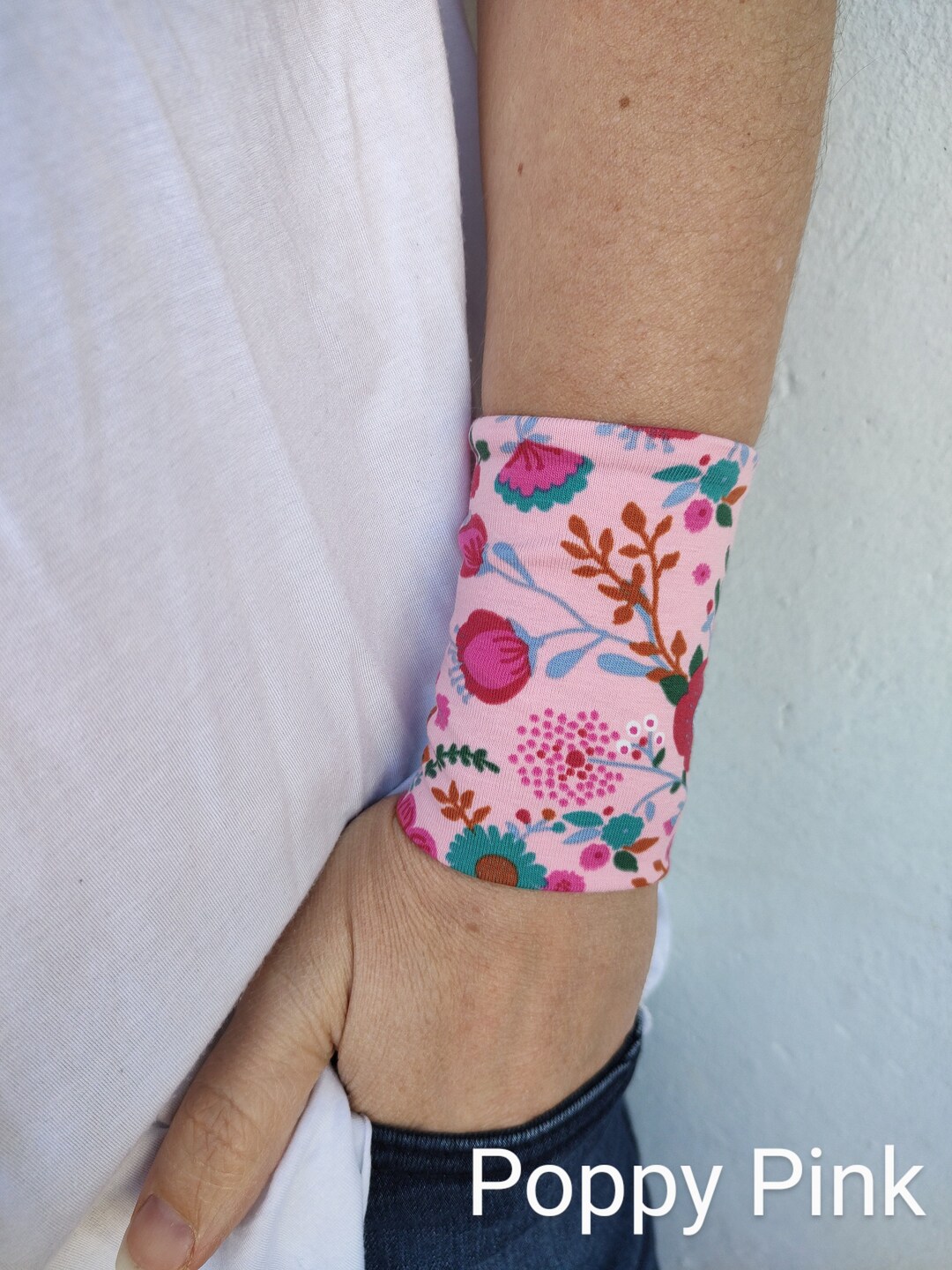 Flower Poppy Pink Floral Wide Wrist Cuff Bracelet, Black Jersey Wrist ...