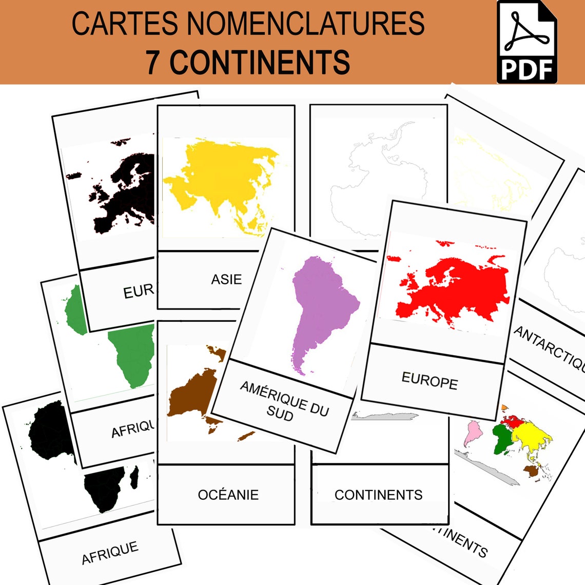 CONTINENTS Nomenclature Cards, Montessori Color, Continents, Shadows ...
