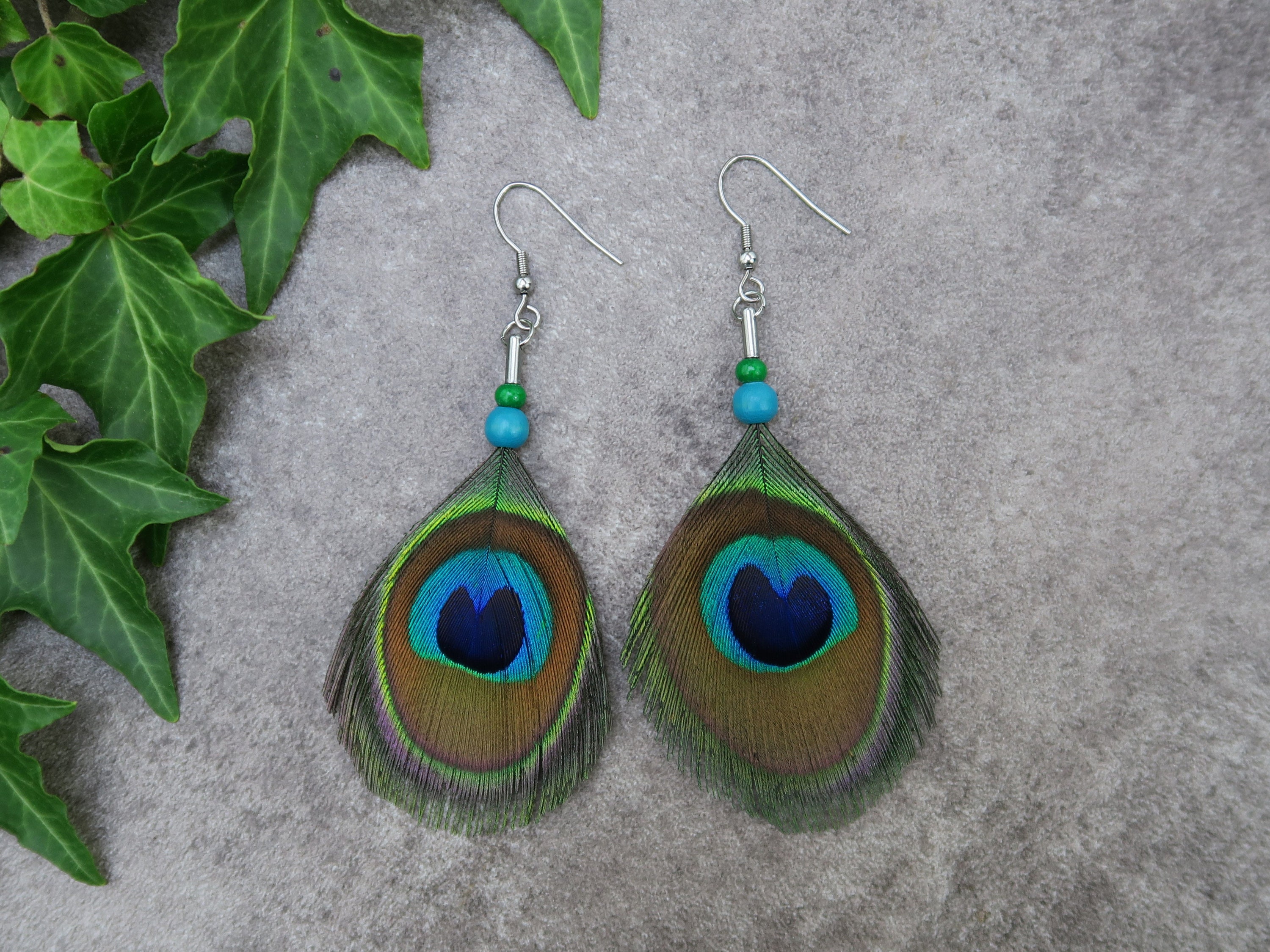 Peacock Feathers Earrings Natural Blue And Green Feathers Etsy