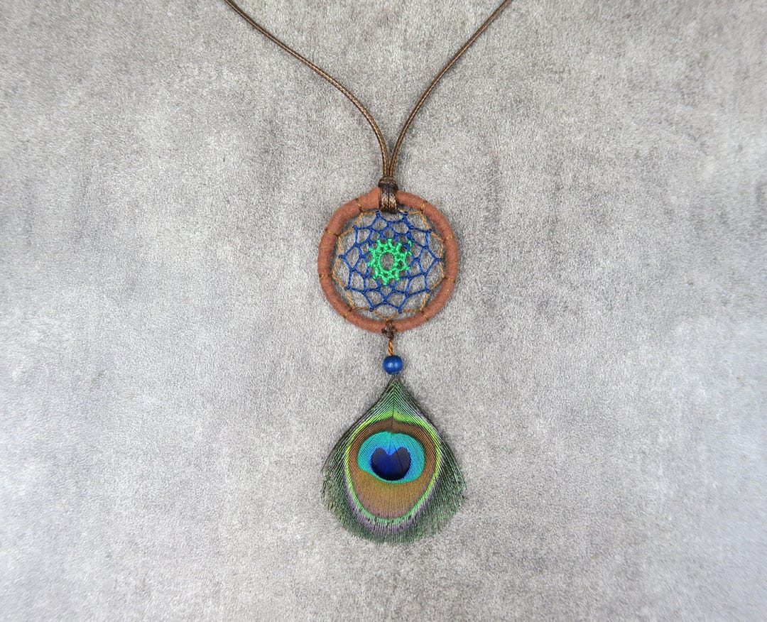 Peacock Feather Dreamcatcher Pendant, Blue Dream Catcher Necklace ...