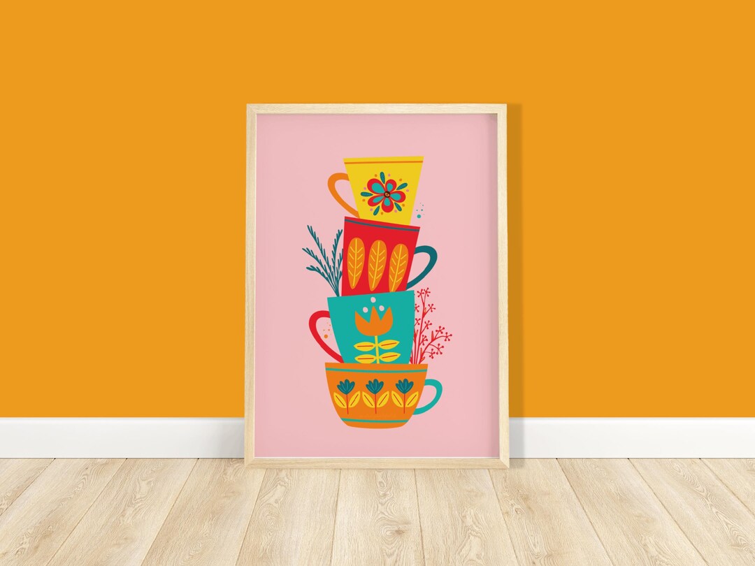 Stacking Tea Cups Kitchen Print | Vintage Illustration Prints ...