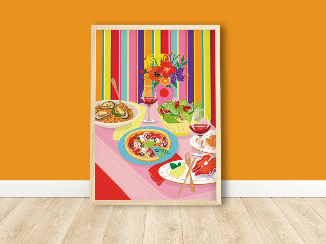 Dining Table Print Dinner Party Kitchen Wall Art Colourful Home Decor ...