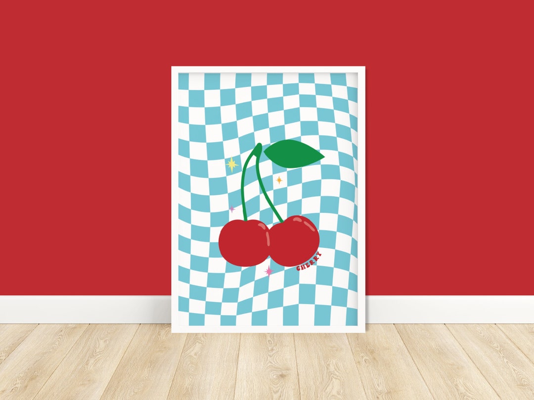 Y2K Cherry Print Swirly Checkerboard Print Cherries Kitchen Print Retro ...