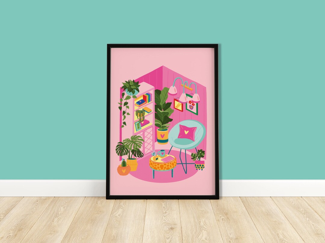 Pink Reading Corner Book Print Colourful Wall Art Pastel Bookish Decor ...