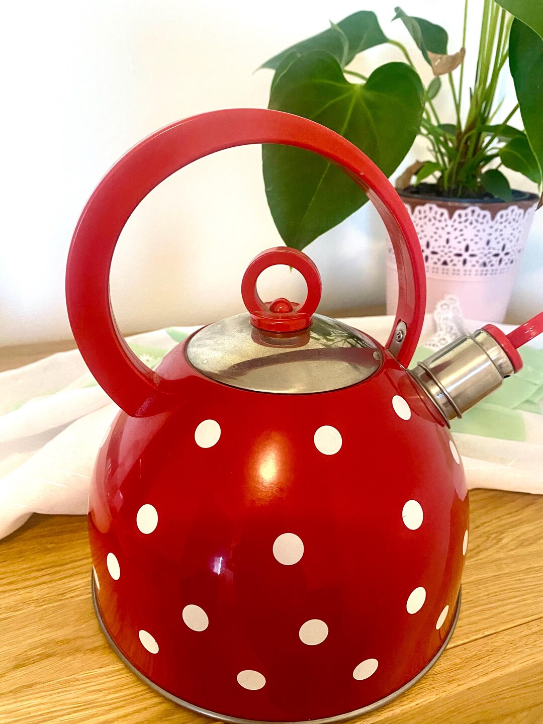 Vintage Polka Dot Teapot. Retro Metal Kettle. Red Teapot With White ...