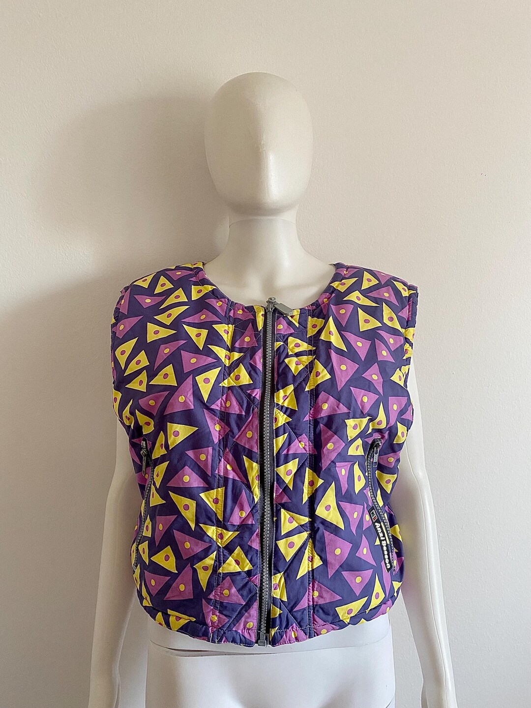Vintage Retro Ski 80s Puffer Vest, Print Bomber Funky Old School Zipper ...
