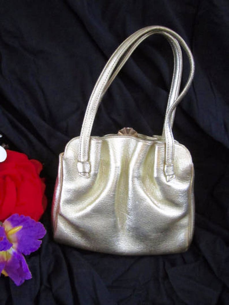 50s 60s Purse Gold Handbag Leather Clasp Rockabilly Double Wrist Straps ...