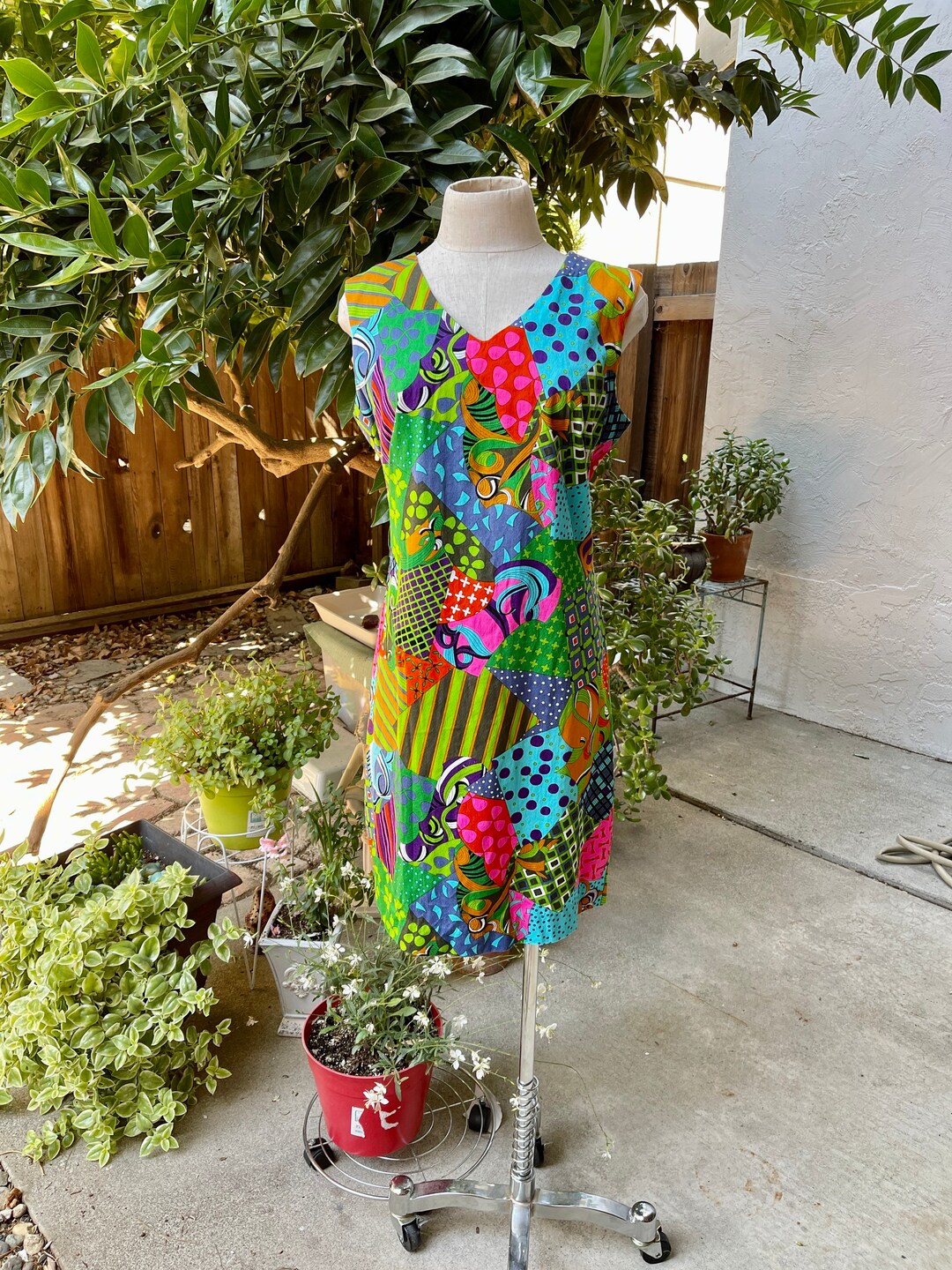 M L 60s MOD Day Shift Dress Circle Pop Art Print Cotton Blue Green Pink ...