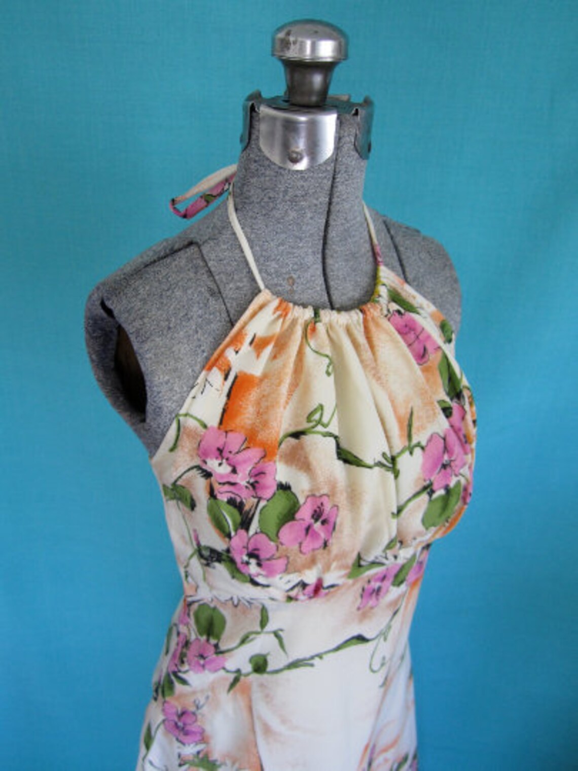 S M 70s Halter Maxi Dress & Shawl Wrap Orange Cream Pink Flowers Black ...