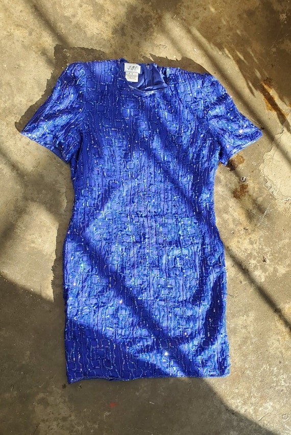 Vintage Sequin Dress Blue Gold Halter Backless Split … - Gem