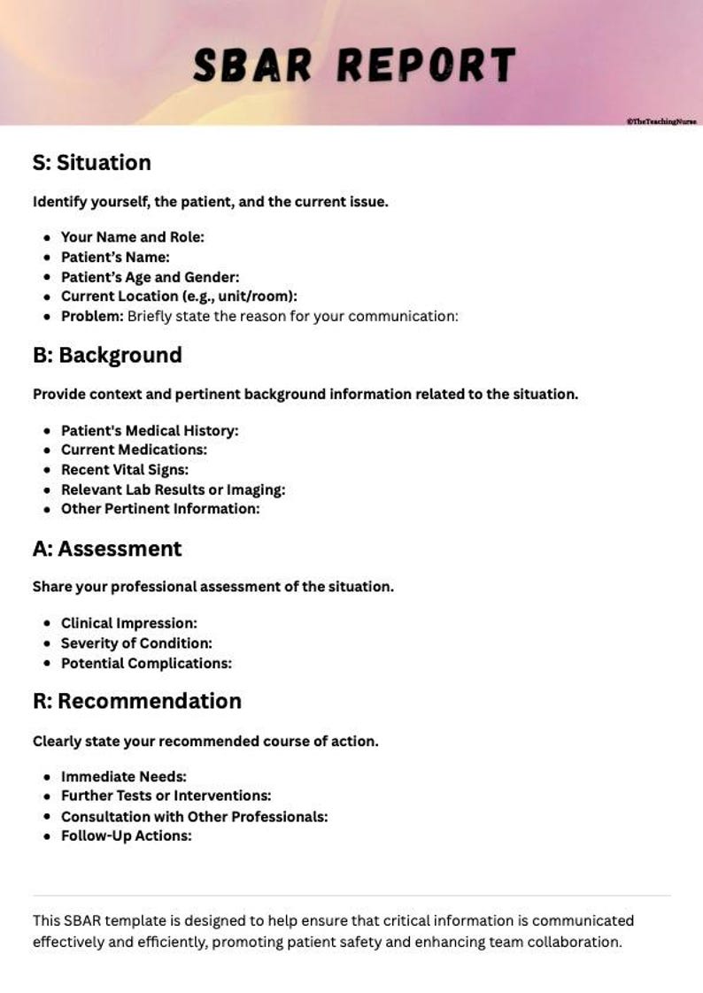 SBAR Template for Nurses, Nursing Students, and Clinicians - Etsy