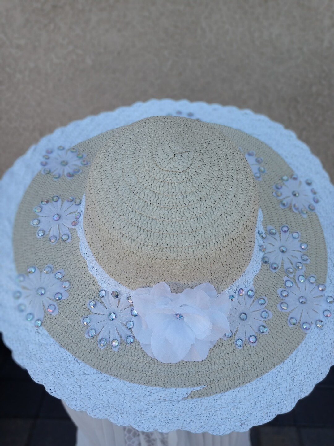 Women's Straw Flower Hat, Classy, Rhinestone White Flowers - Etsy