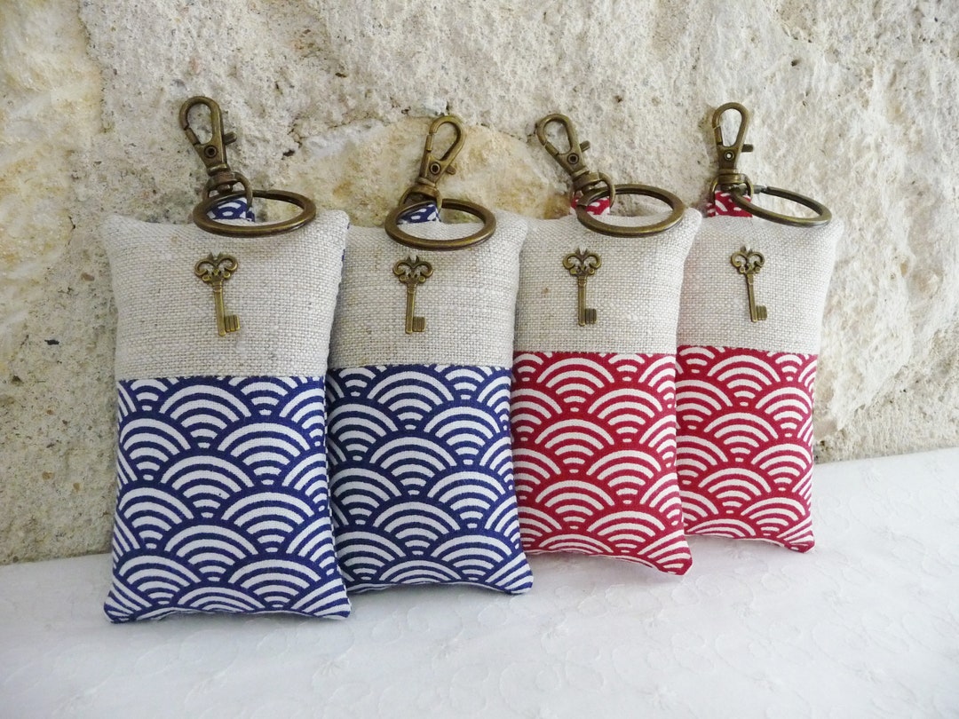 Japanese Cotton Fabric Key Ring Seigaiha Blue or Red Waves and Natural ...