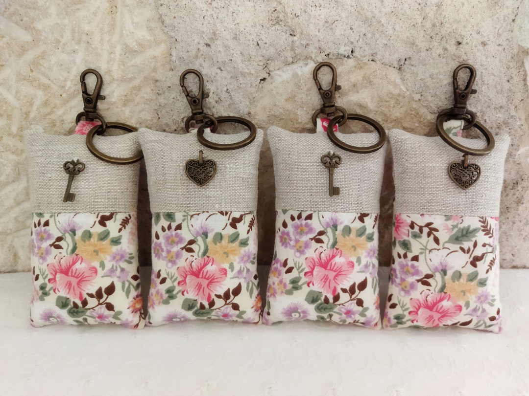 Key Ring in Cotton Fabric Pink Flowers and Natural Linen Bag - Etsy