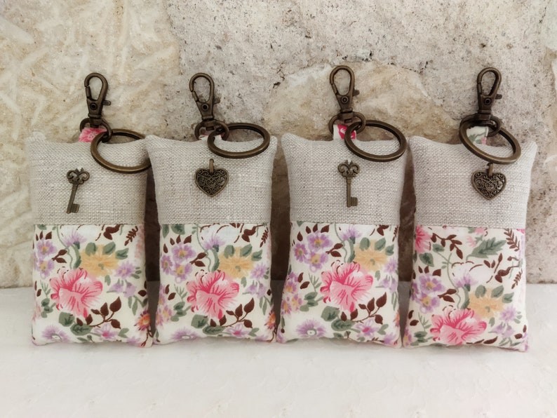 Key Ring in Cotton Fabric Pink Flowers and Natural Linen Bag - Etsy