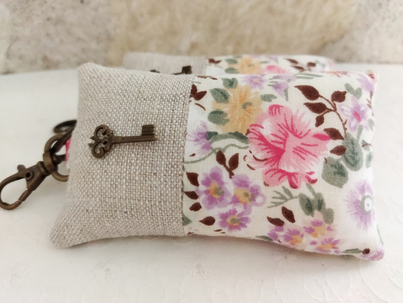 Key Ring in Cotton Fabric Pink Flowers and Natural Linen Bag - Etsy