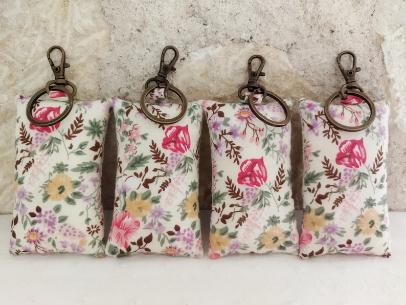 Key Ring in Cotton Fabric Pink Flowers and Natural Linen Bag - Etsy