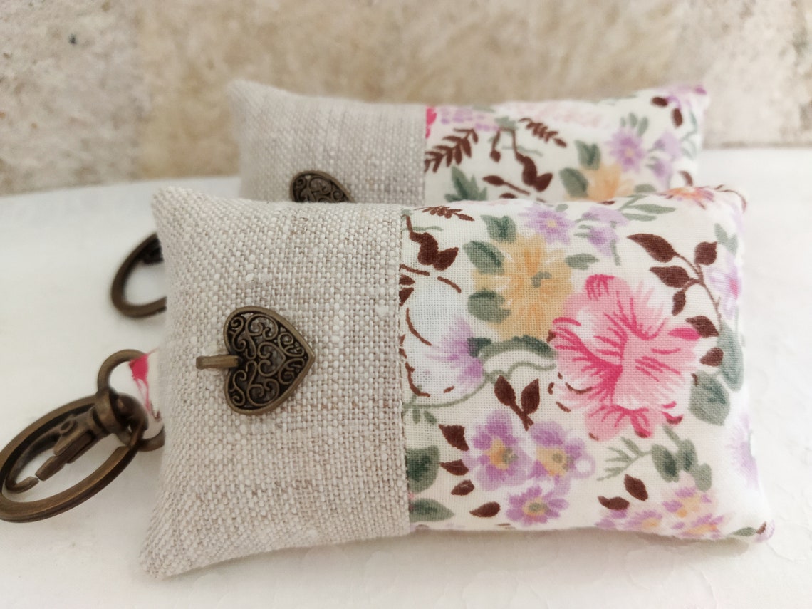Key Ring in Cotton Fabric Pink Flowers and Natural Linen Bag - Etsy