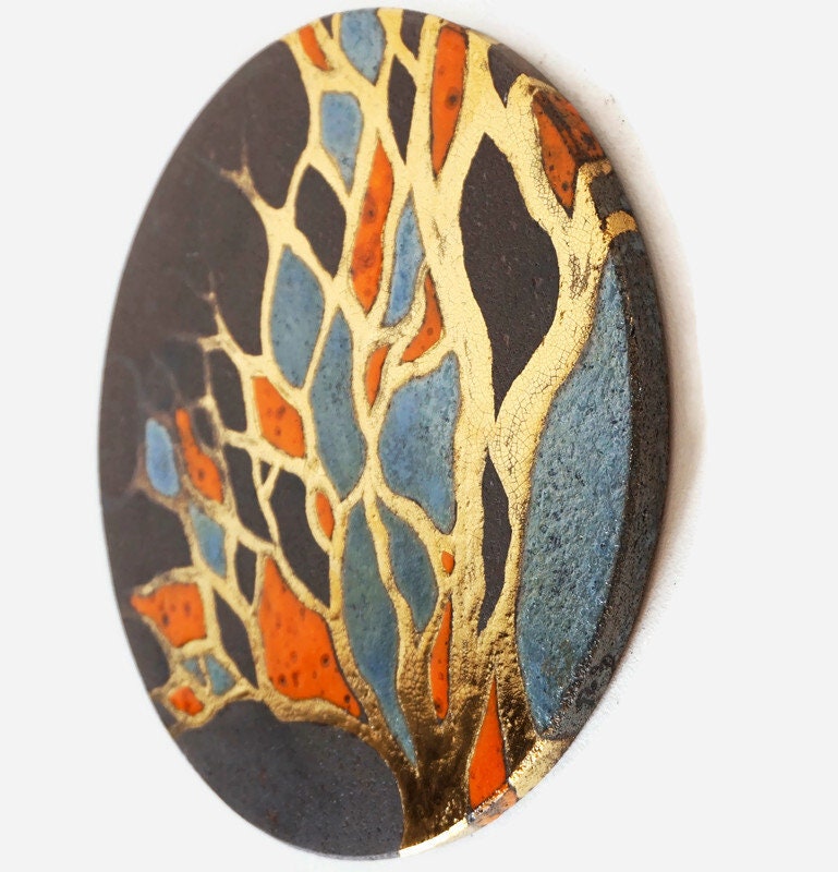 Tableau rond arborescence vitrail en lave émaillée de Volvic ramure d ...