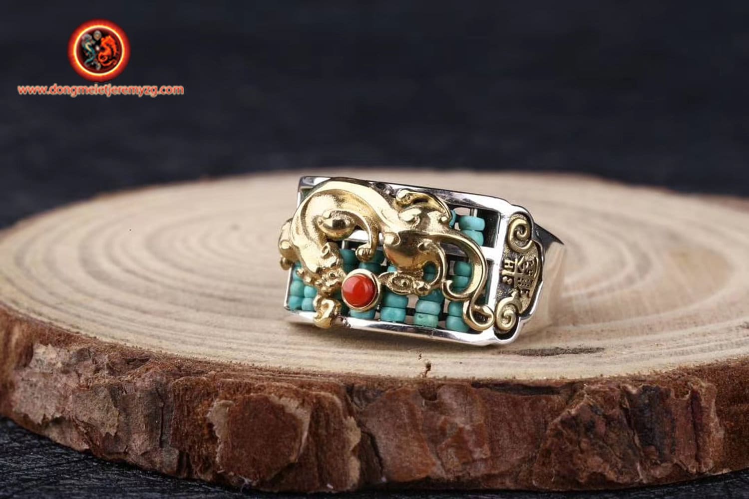 Jinxiu Red Jade Gold Pixiu Wealth Heart Mantra Ring1pcs-silver 品質保証