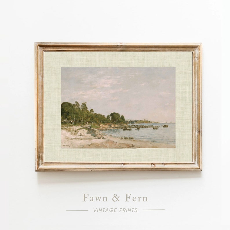 Seaside Stroll Vintage Oil Painting, Coastal Scenery Landscape Print ...