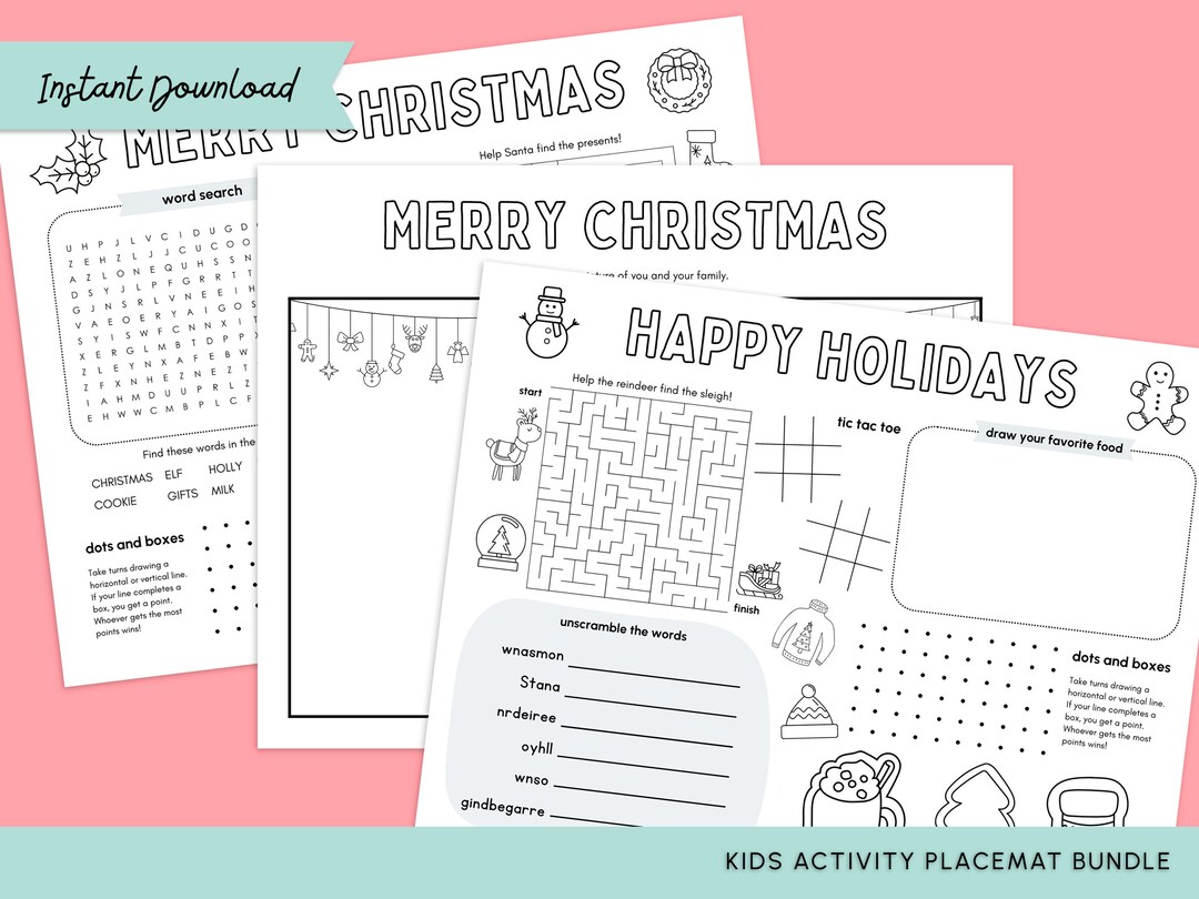 Printable Kid's Christmas Activity Placemat Bundle, Christmas Activity ...