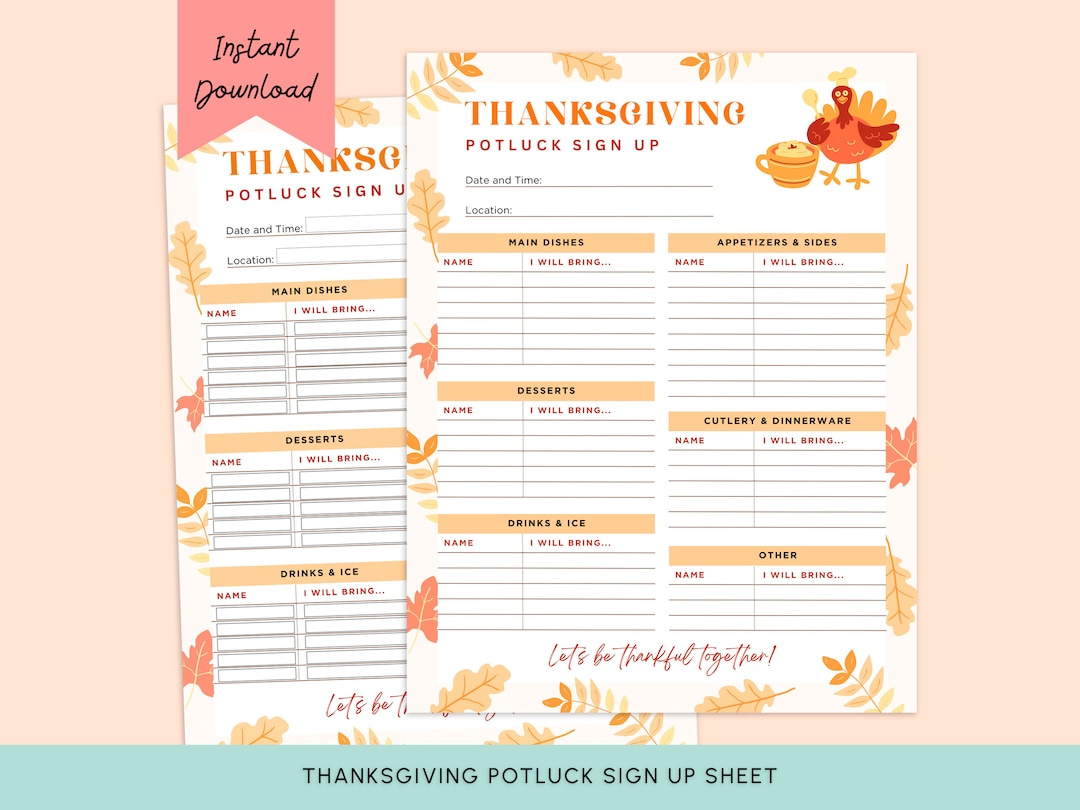 Thanksgiving Potluck Sign-up Sheet Printable Friendsgiving, Office ...