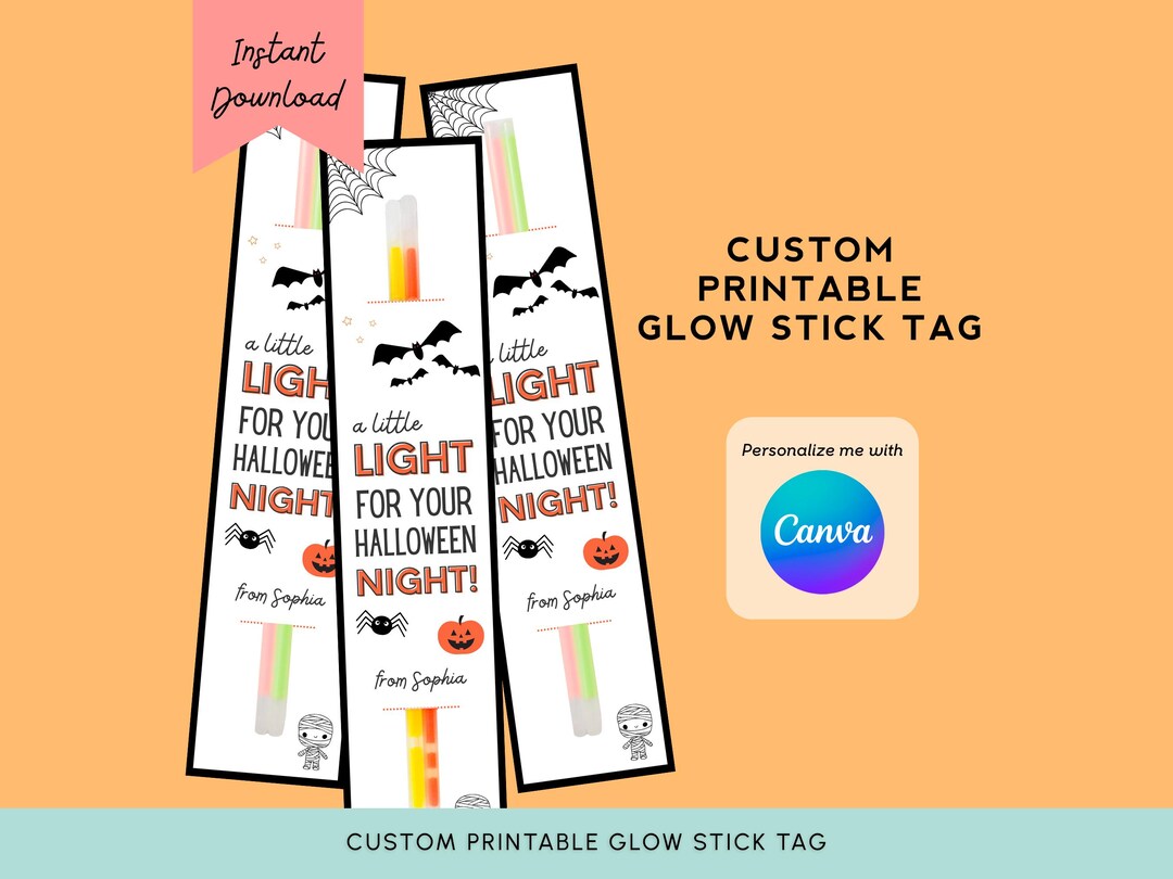 Custom Canva Printable Halloween Glow Stick Tag | Halloween Party Favor ...