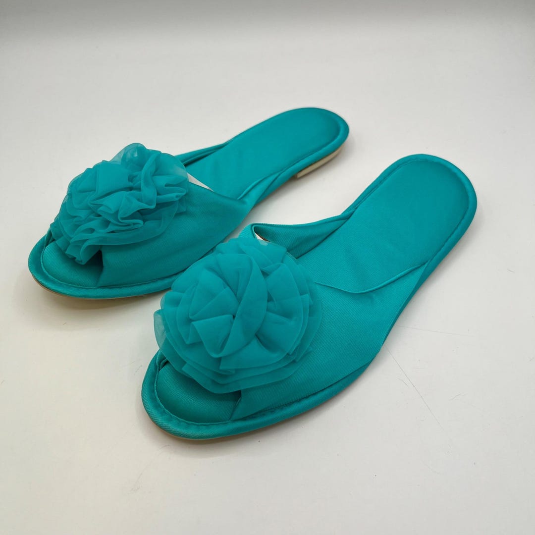 Vintage Vanity Fair Blue Peep Toe Rosette Bedroom Slippers Size Large 8 ...
