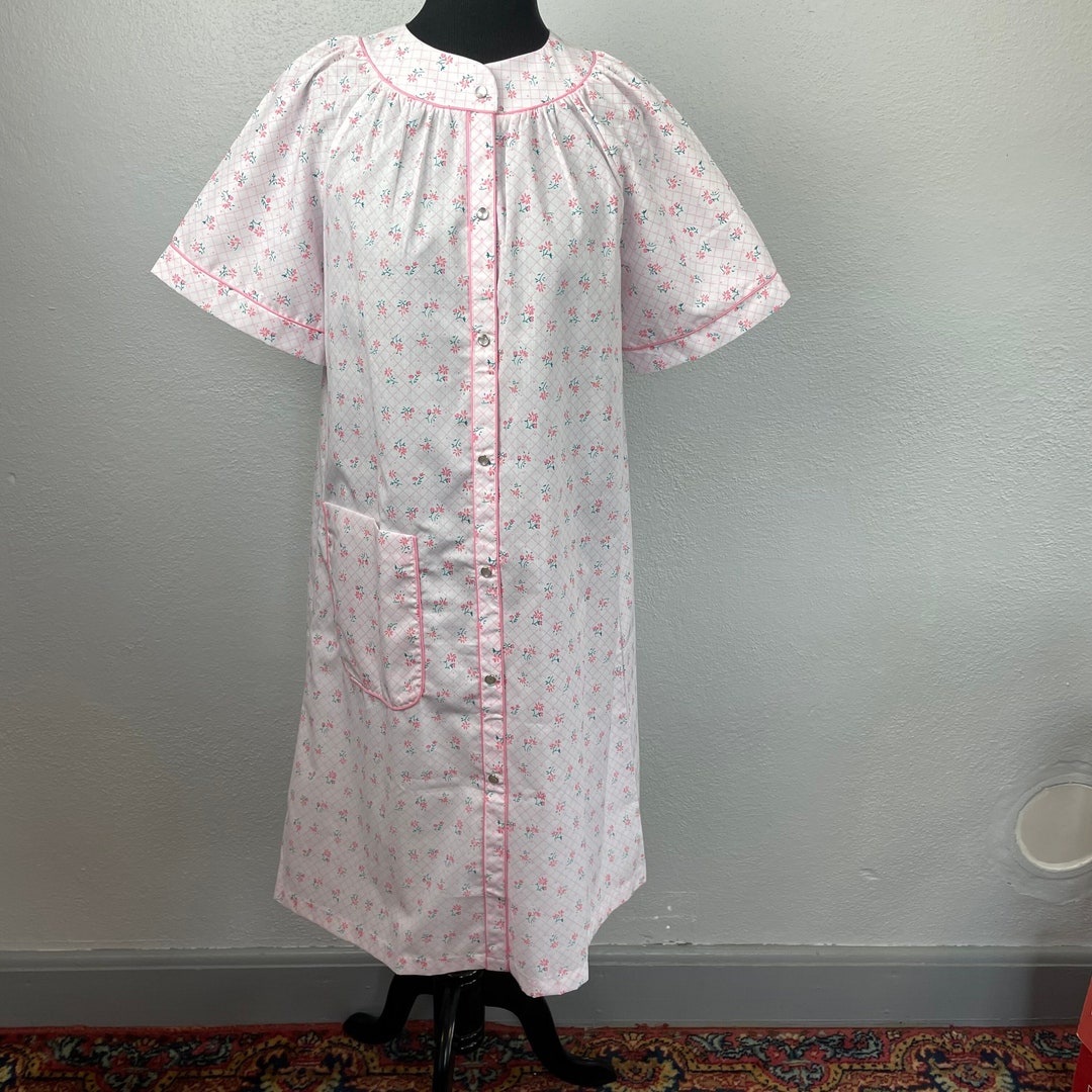 Vintage Women's Floral Pearl Snap House Coat Nightgown Mumu Lounge Size ...