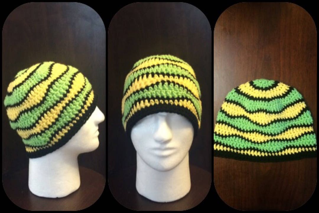 Green Yellow Black Wave Hat Men Medium/large Woolen Winter Crochet ...
