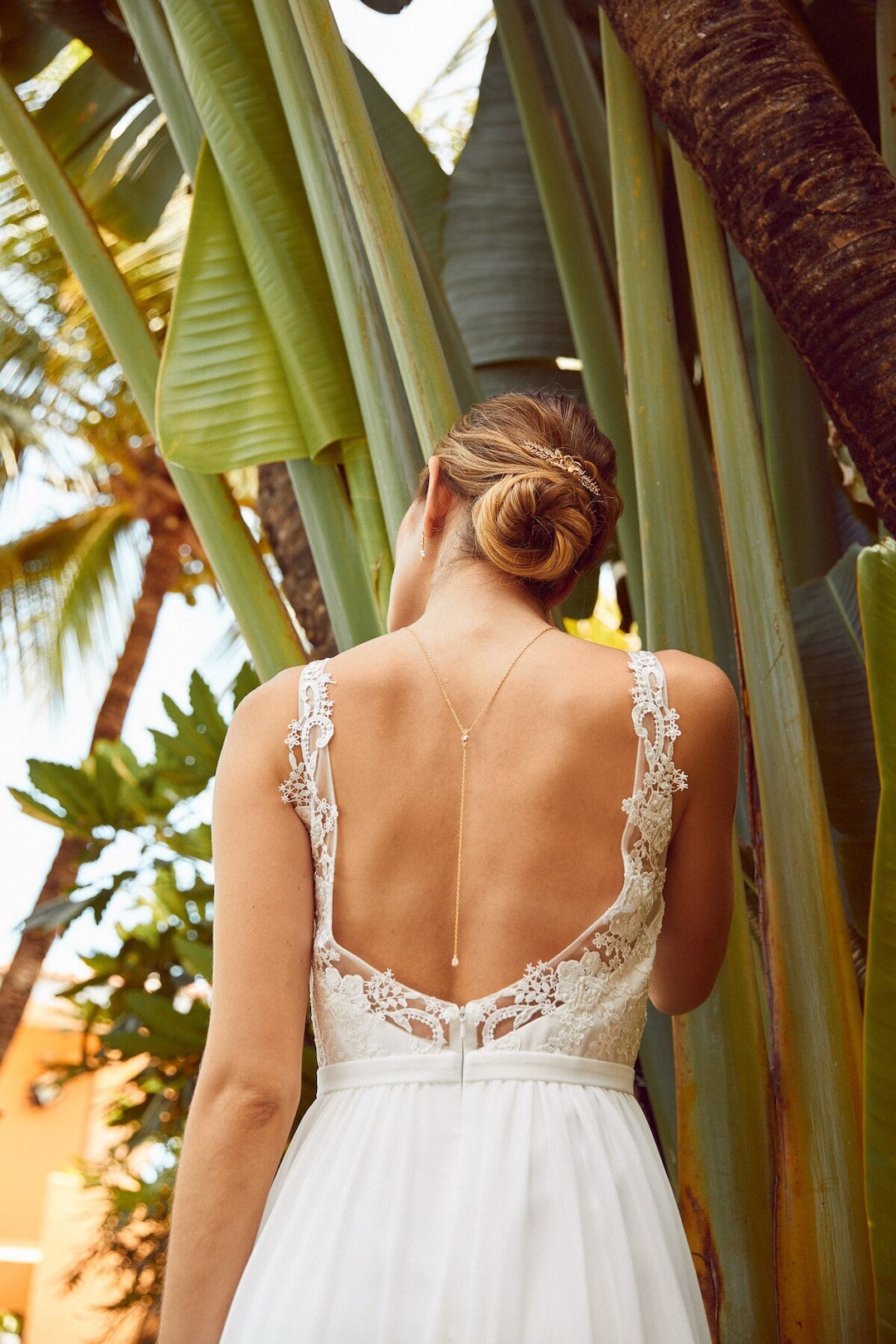 Elegant Wedding Back Necklace With Zircon Drops, Simple Crystal Back ...