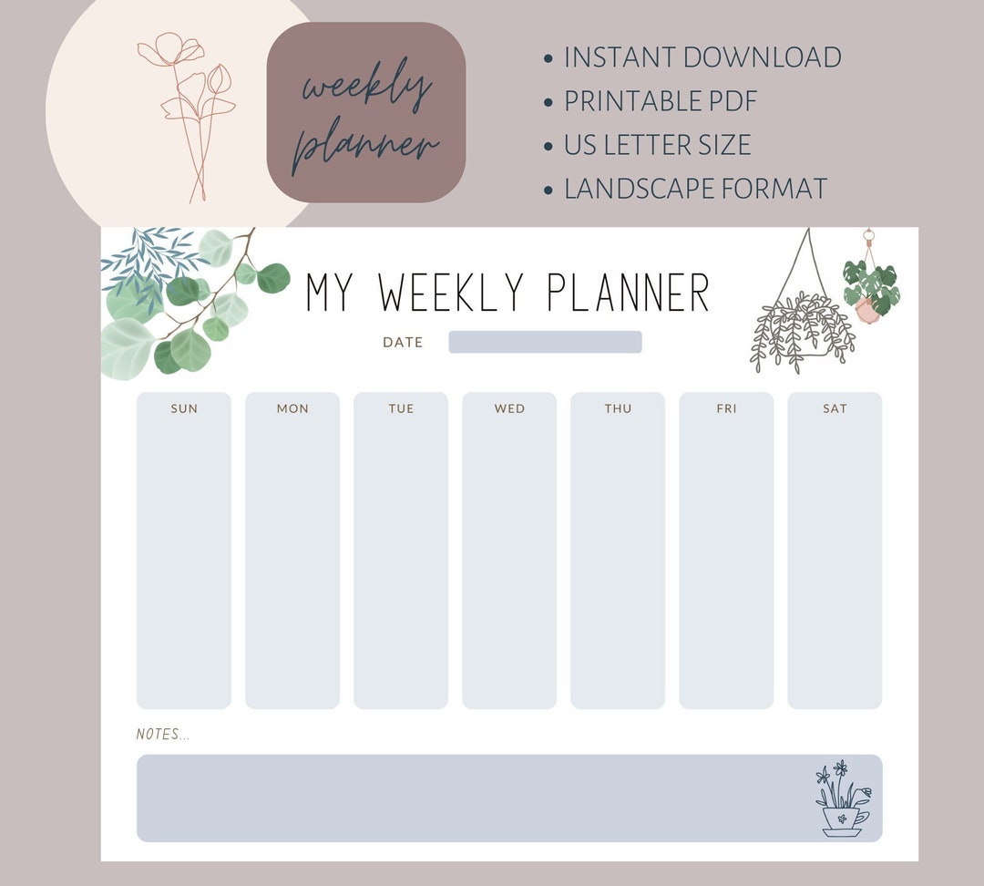 Weekly Planner, Printable PDF, Landscape, Botanical - Etsy