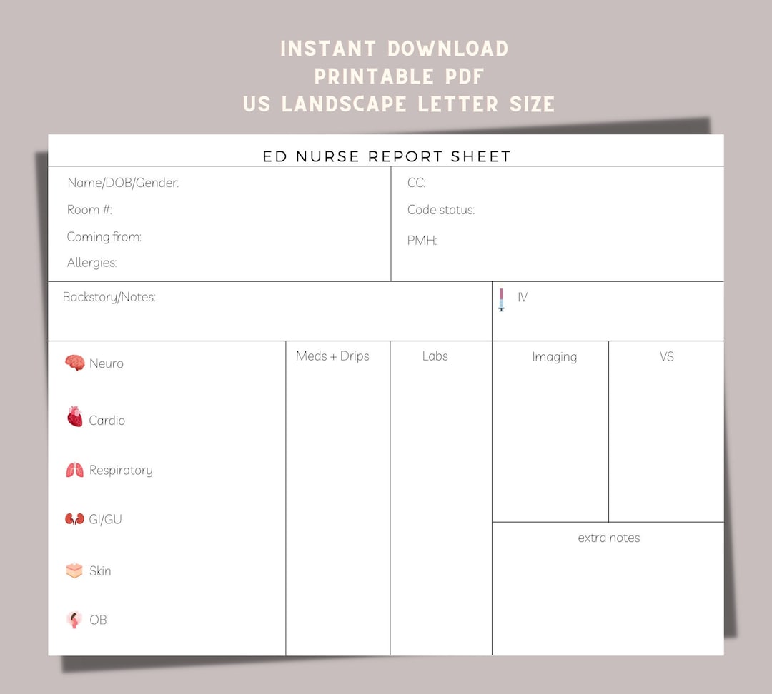 ED Nurse Report Sheet, PDF Printable, US Landscape Letter Size - Etsy