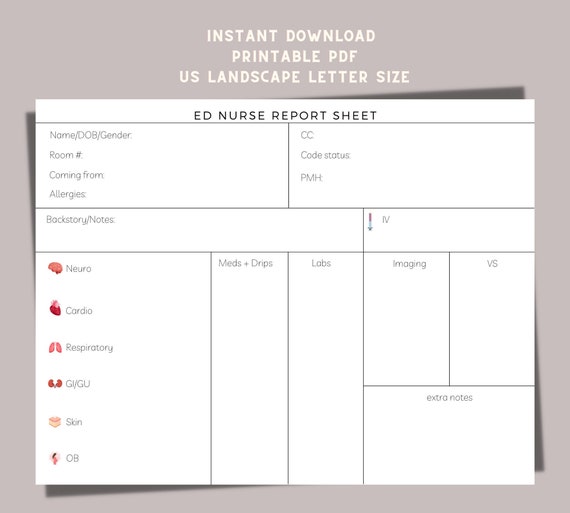 ED Nurse Report Sheet PDF Printable US Landscape Letter Size | Etsy