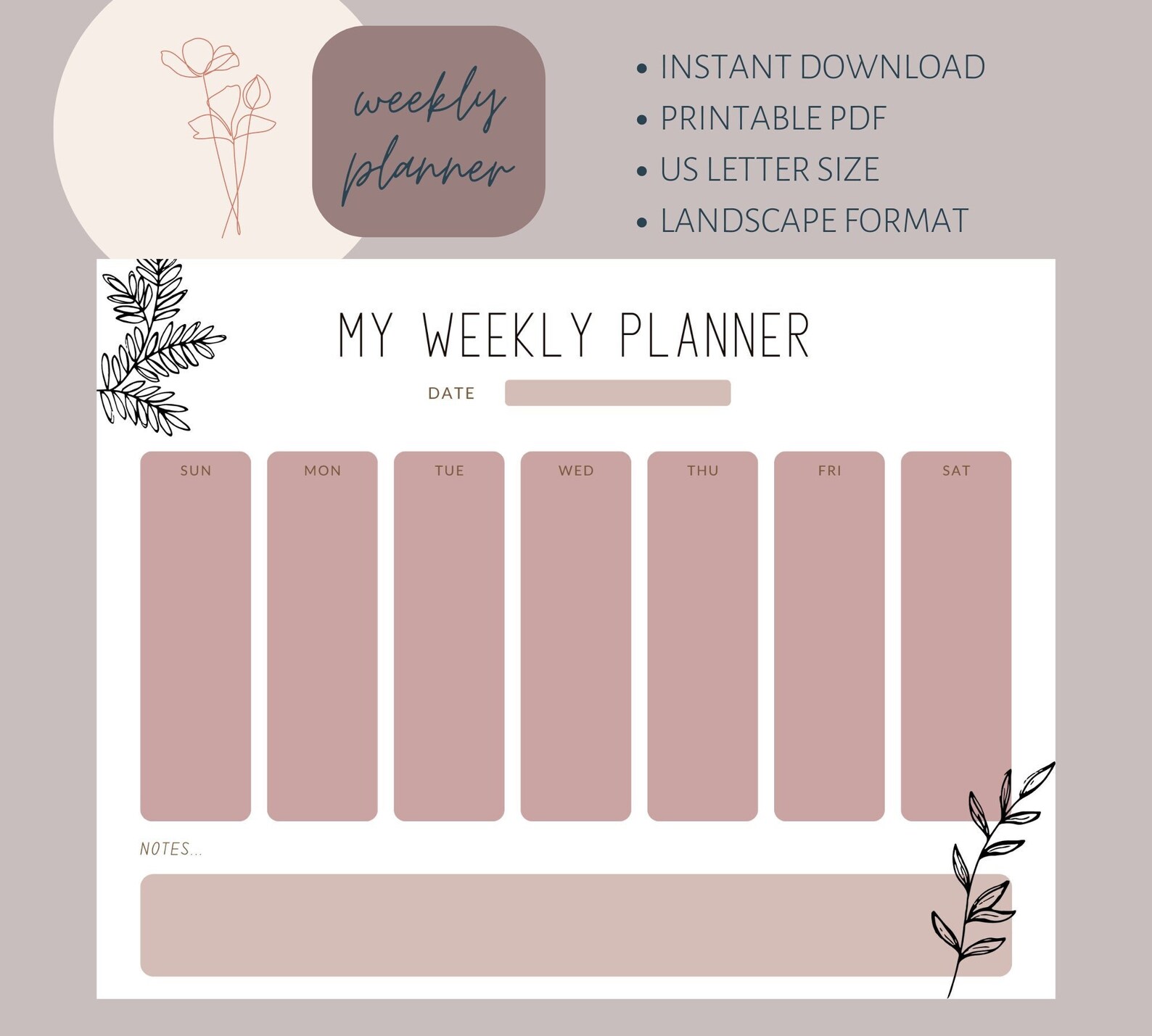 Weekly Planner, Printable PDF, Landscape, Pink Botanical - Etsy