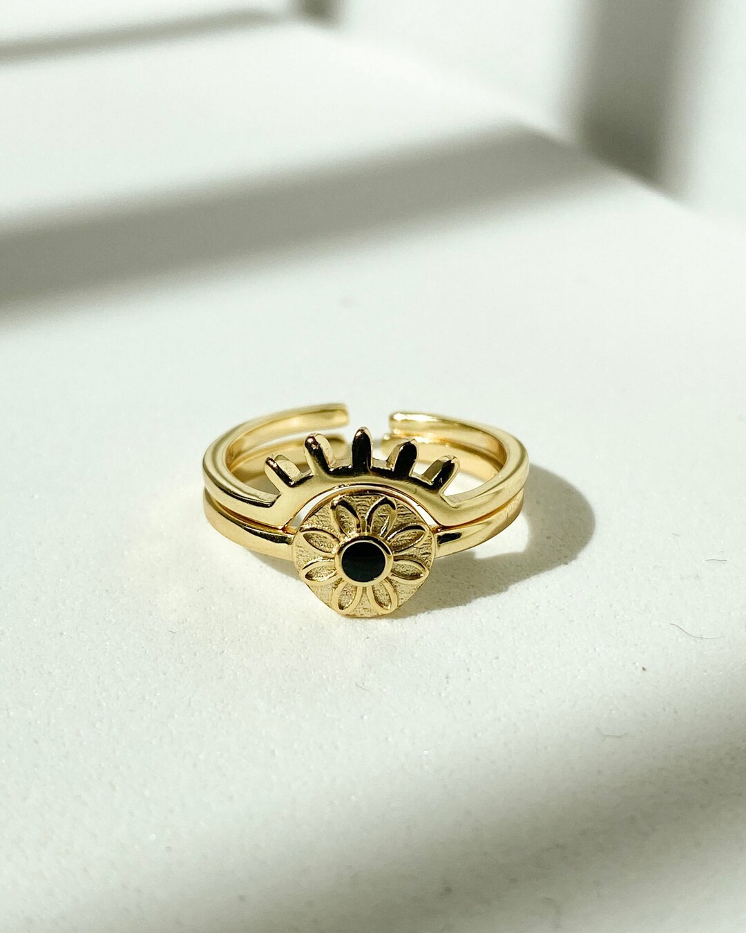 Sunrise and Flower Stacking Ring Set, Sun Rays Ring - Etsy