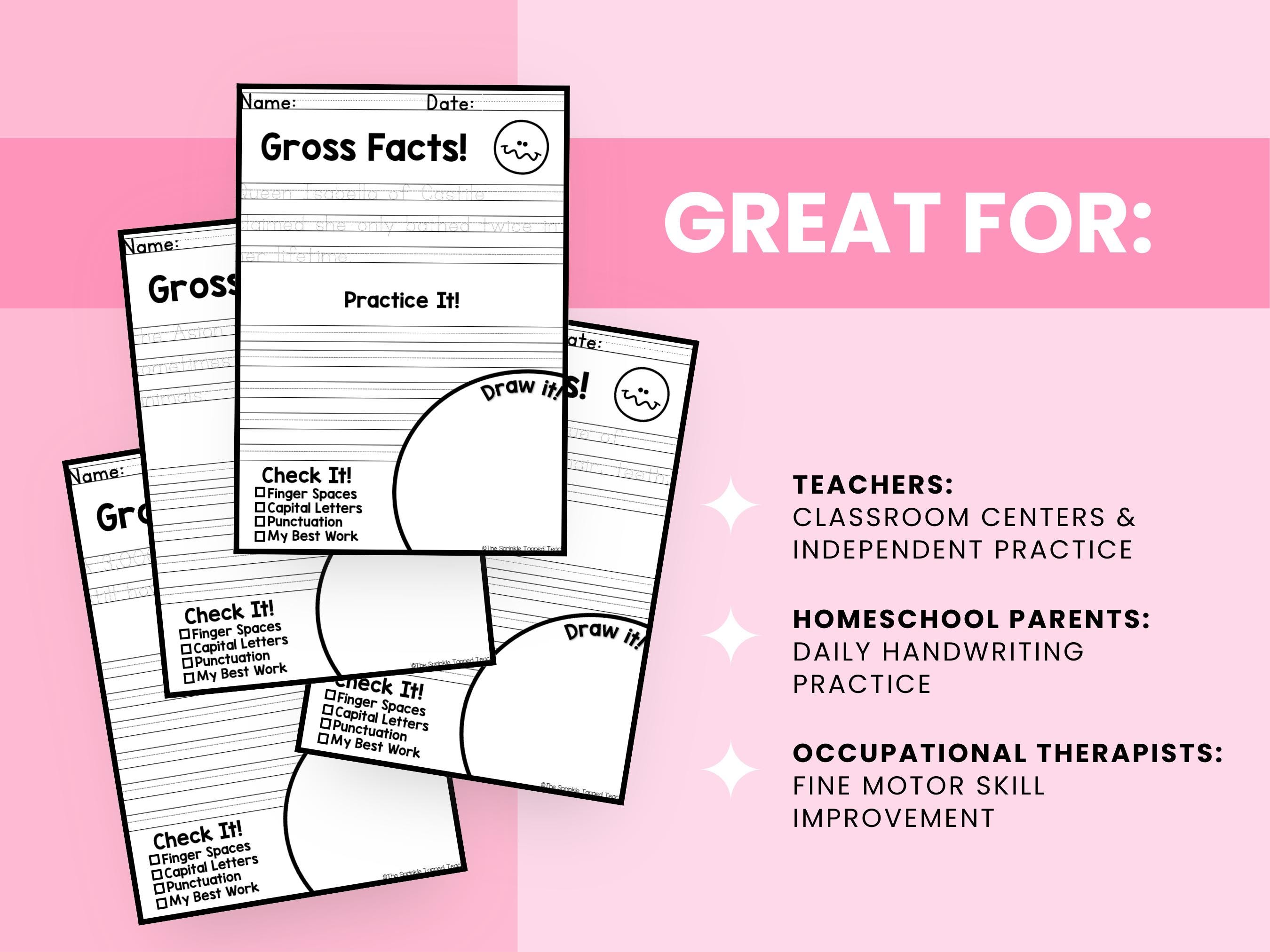 Gross Facts Handwriting Worksheets – Silly | Fun Handwriting Practice ...