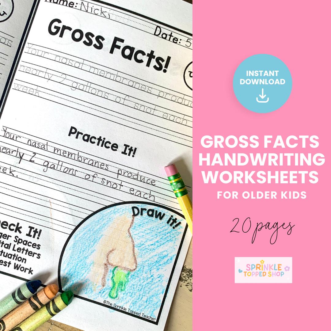 Gross Facts Handwriting Worksheets – Silly | Fun Handwriting Practice ...