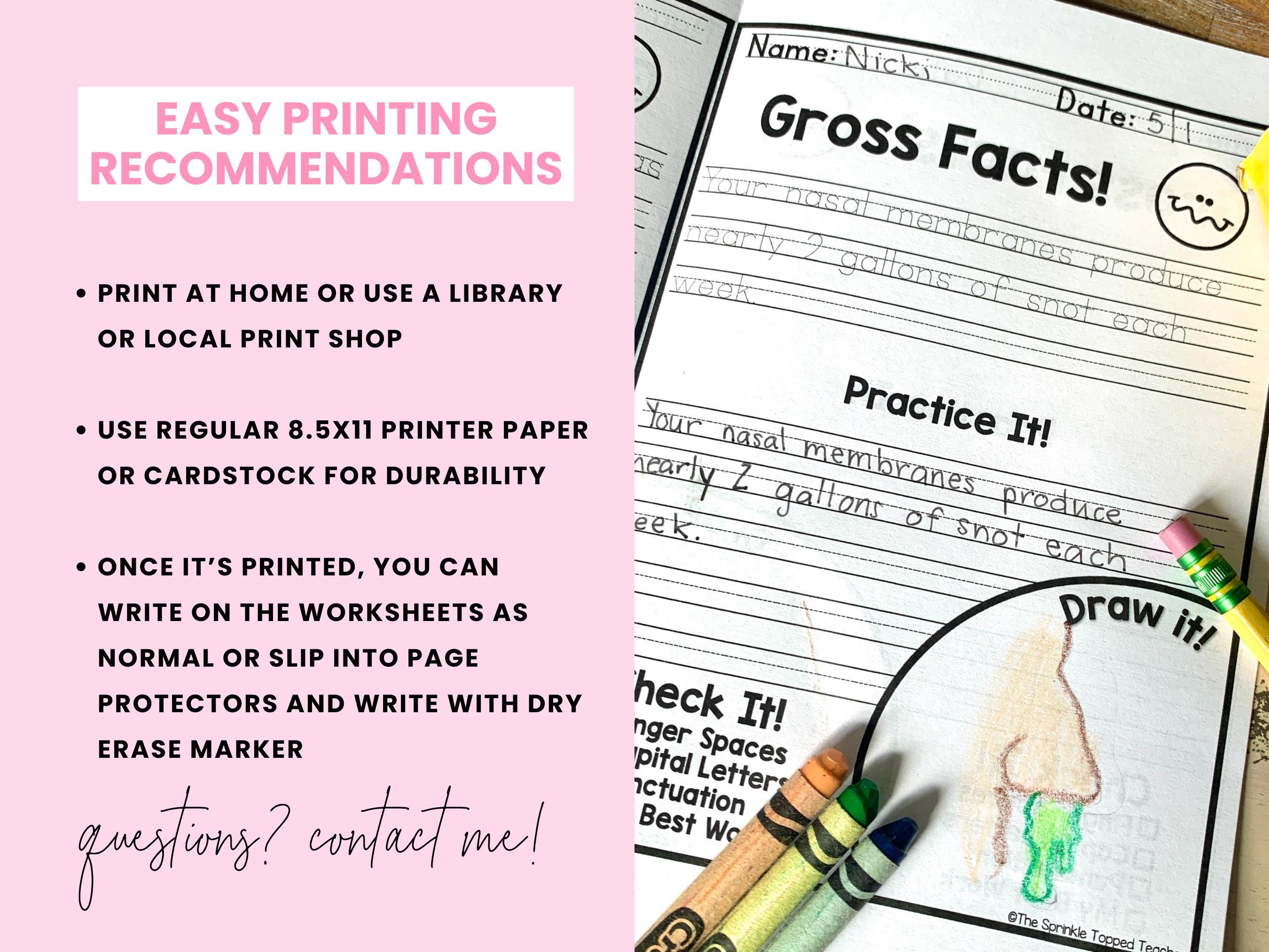 Gross Facts Handwriting Worksheets – Silly | Fun Handwriting Practice ...