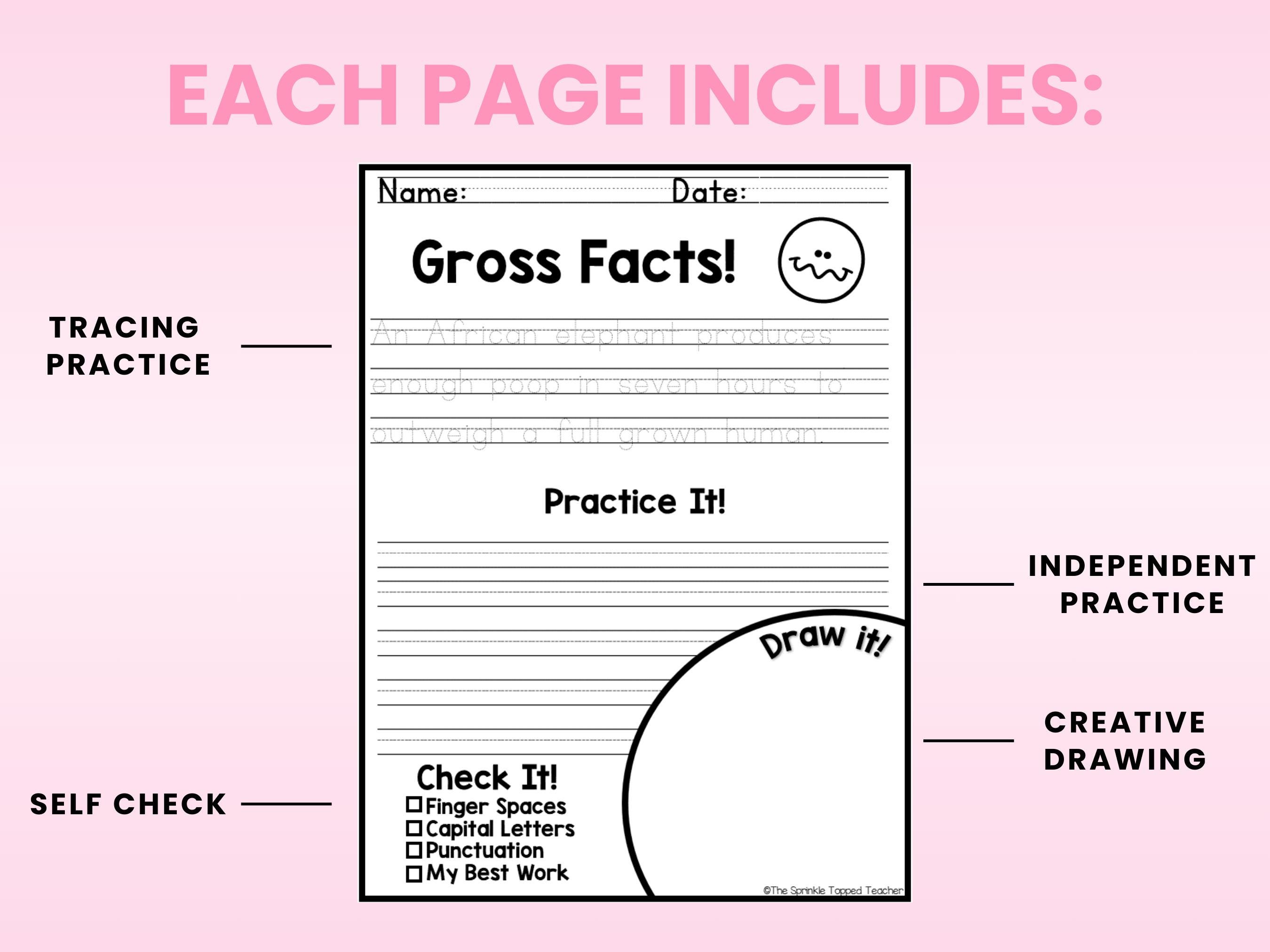 Gross Facts Handwriting Worksheets – Silly | Fun Handwriting Practice ...