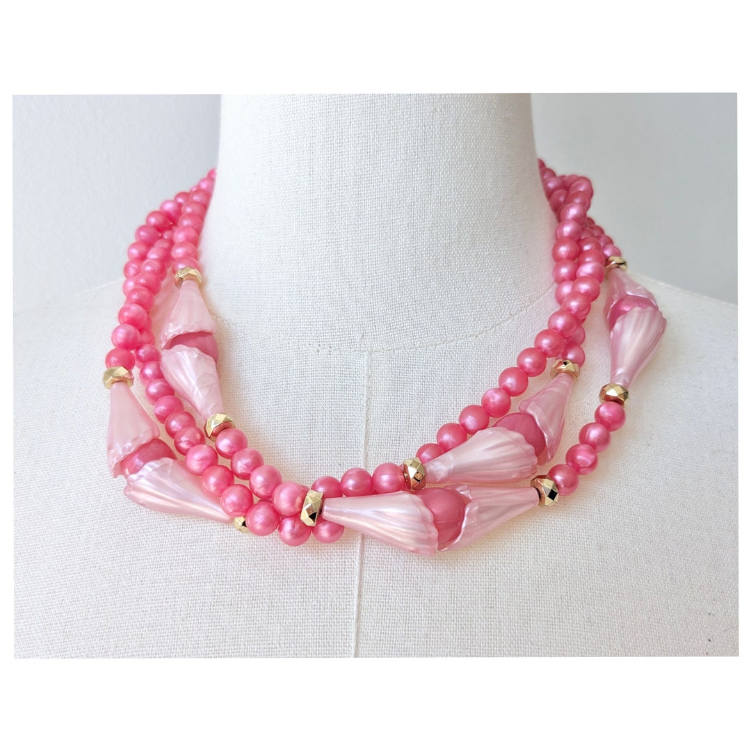 1950 Pink Shell Necklace * 1950s Pink Plastic Multi Strand Necklace ...