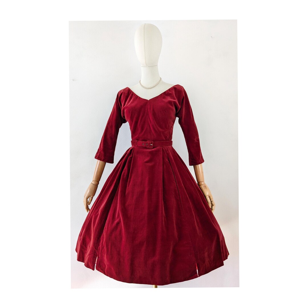 1950s Red Velvet Fit and Flare Dress * Vintage Red Velvet Dress With ...