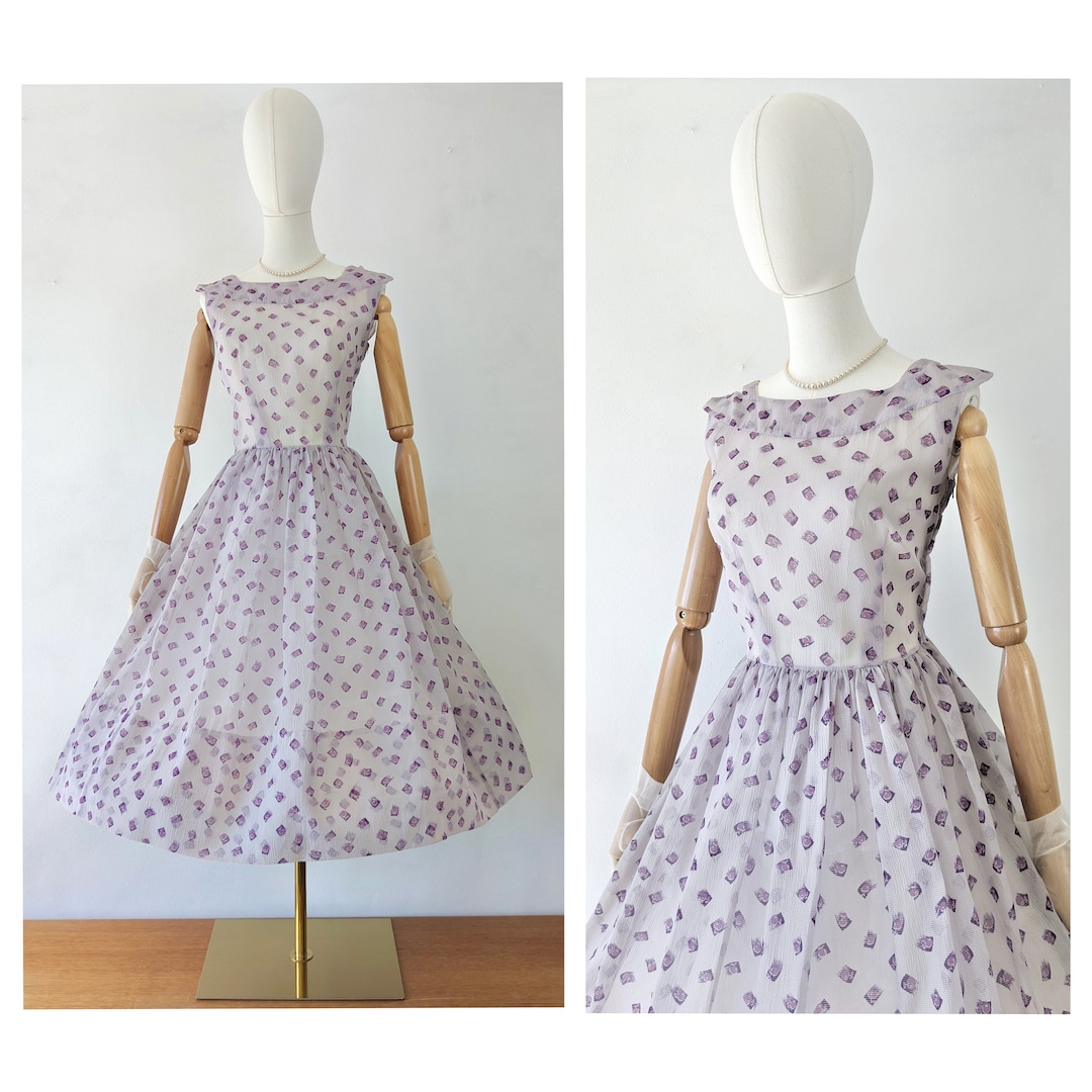 1950s Sheer Purple Nylon Fit & Flare Dress Cherry Novelty Print Vintage ...