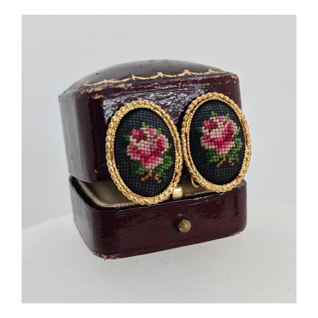 Dainty Petit Point Rose Embroidered Vintage Earrings * Vintage ...