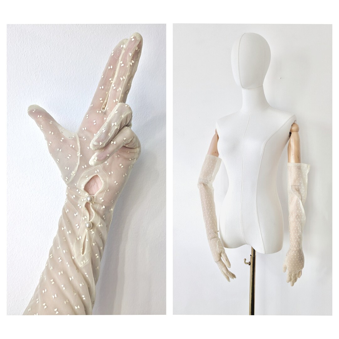 Vintage Long Pale Yellow Sheer Ball Gloves Bow Print Long Yellow Gloves ...